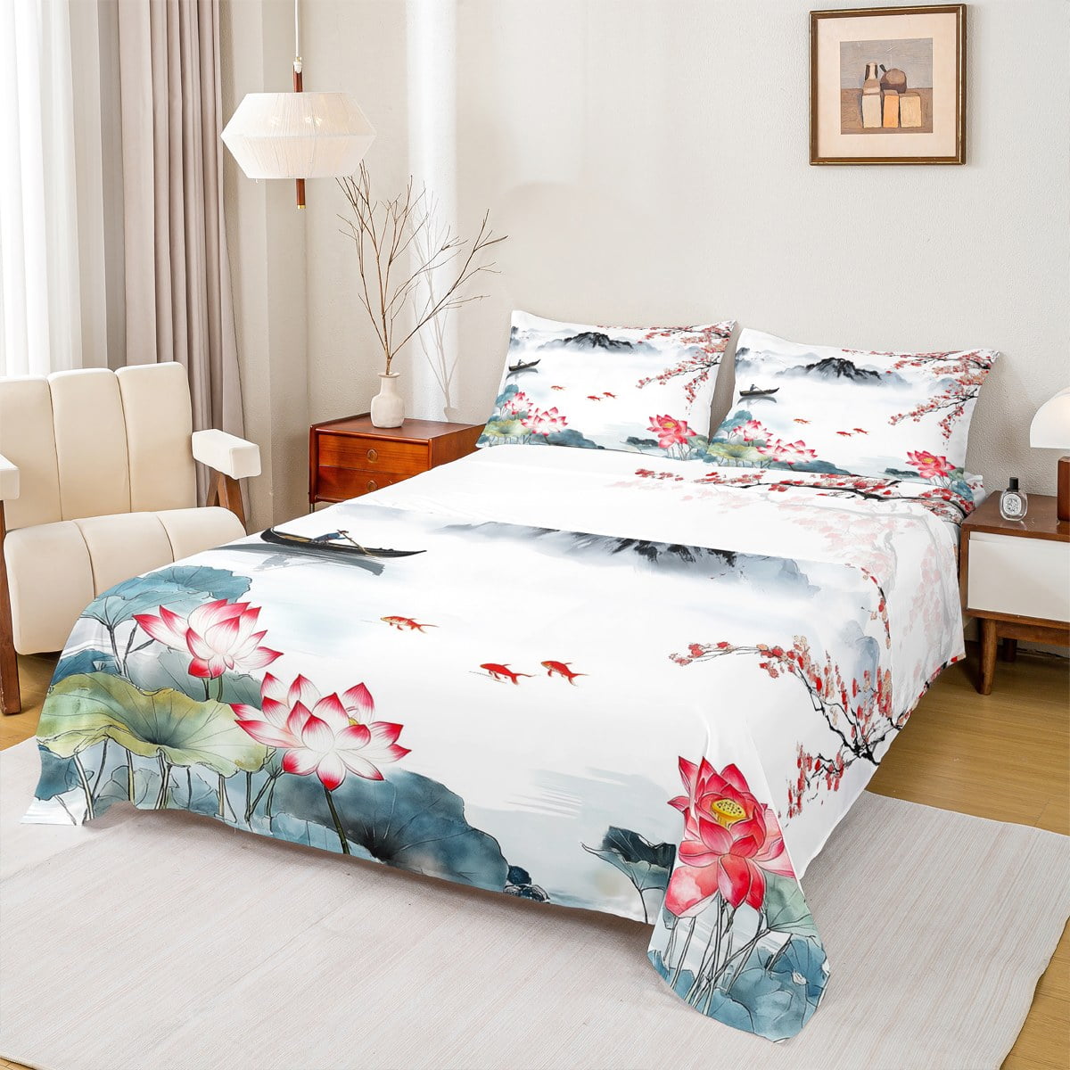 Feelyou Summer Lotus Flower Bed Sheets, Japanese Cherry Blossoms King ...