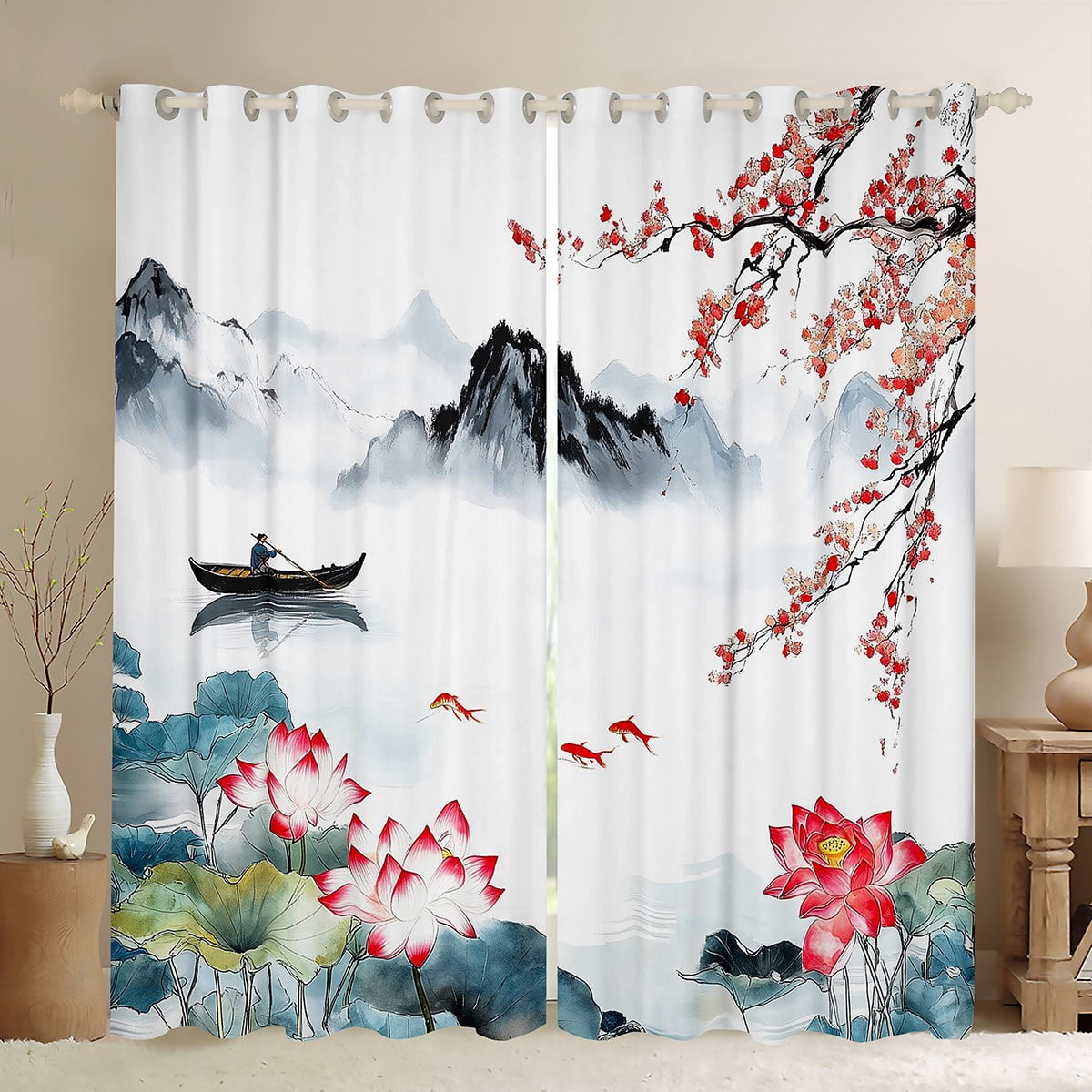 Feelyou Summer Lotus Flower Blackout Curtains, Japanese Cherry Blossoms ...