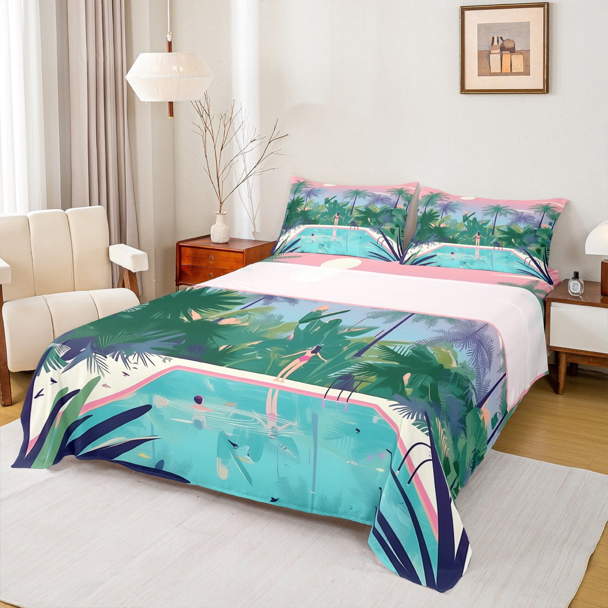 Feelyou Summer Swimming Pool Twin Sheet Sets, Tropical Plam Plant Twin ...