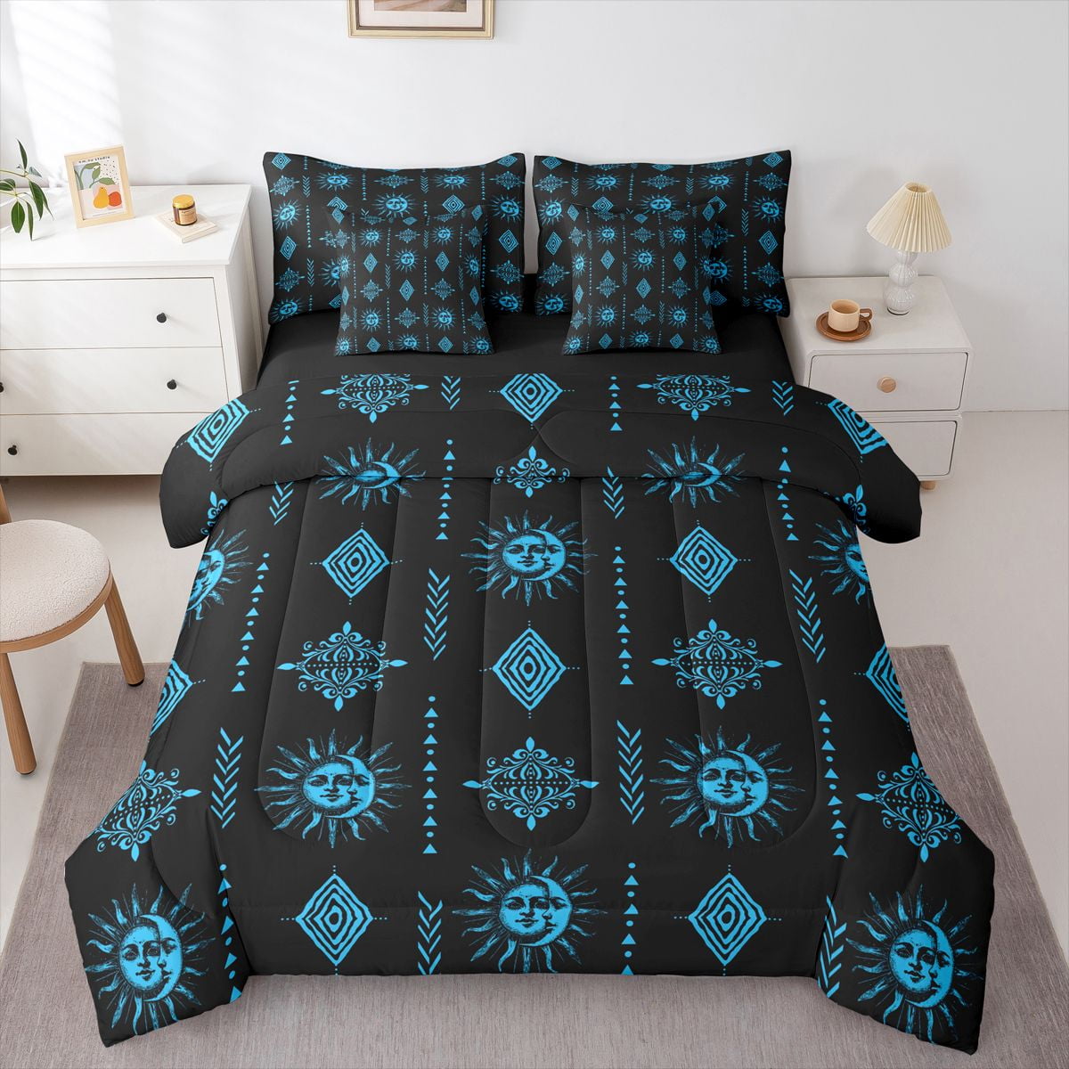 Feelyou Sun Moon Bedding Comforter Set 7 Pieces, Damask Aztec Triangle ...