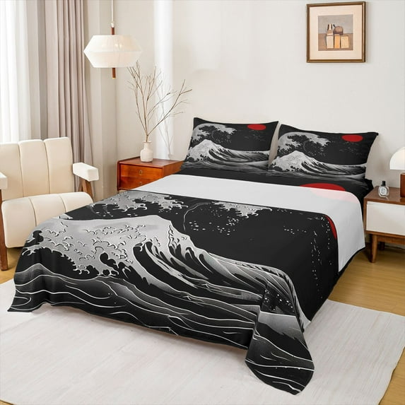 Feelyou Sun Sea Waves Bed Sheets, Cartoon Japanese Style King Sheets ...