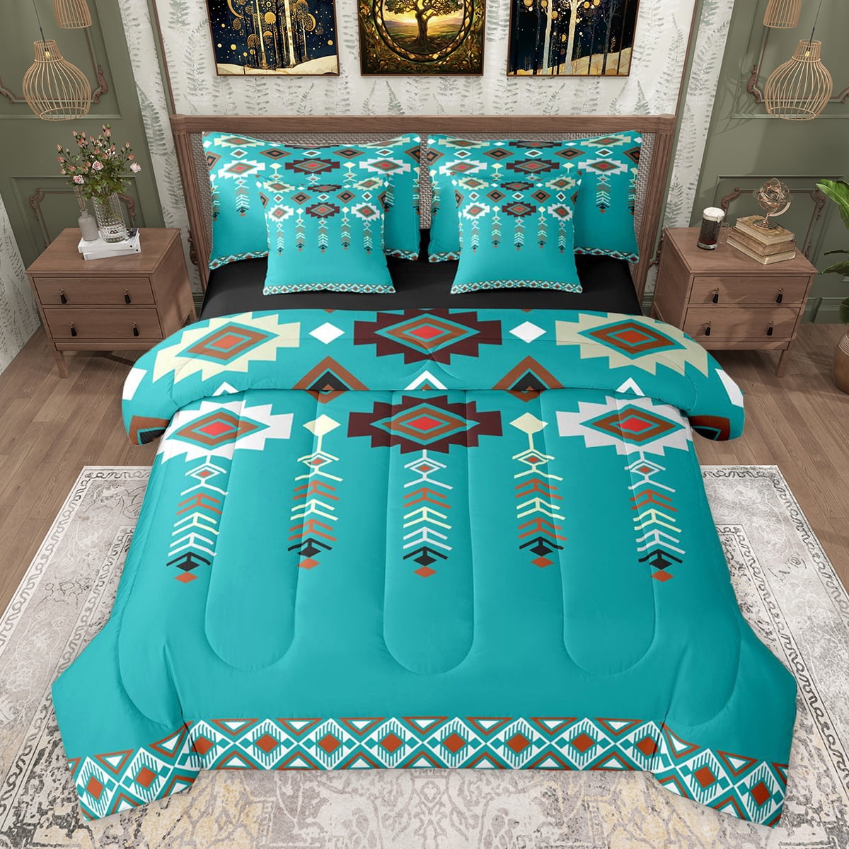 Feelyou Teal Aztec Women Twin Bedding Sets 7-Piece, Rustic Farmhouse ...