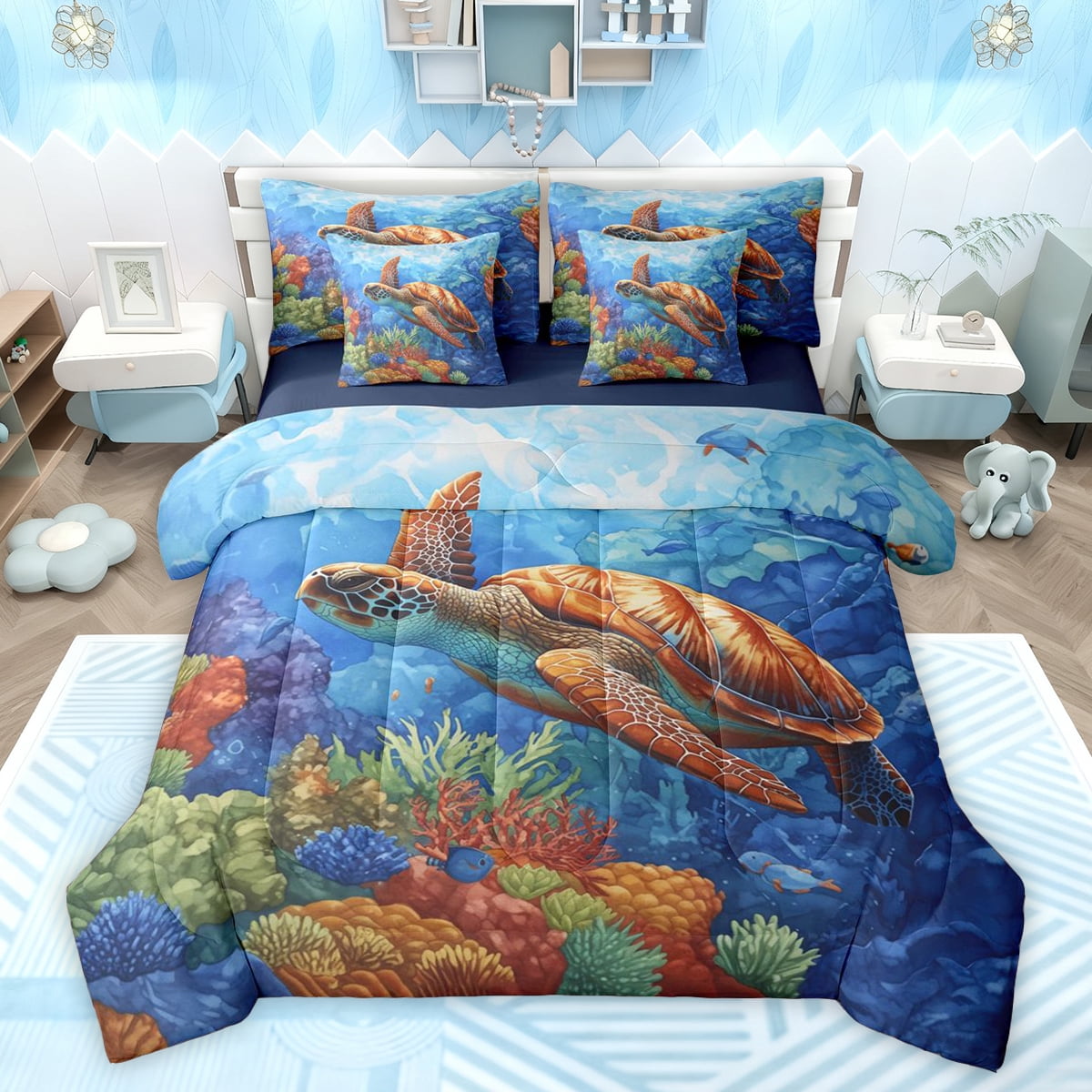 Feelyou Teen Sea Turtle Twin Bedding Sets 7-Piece, Cartoon Sealife ...