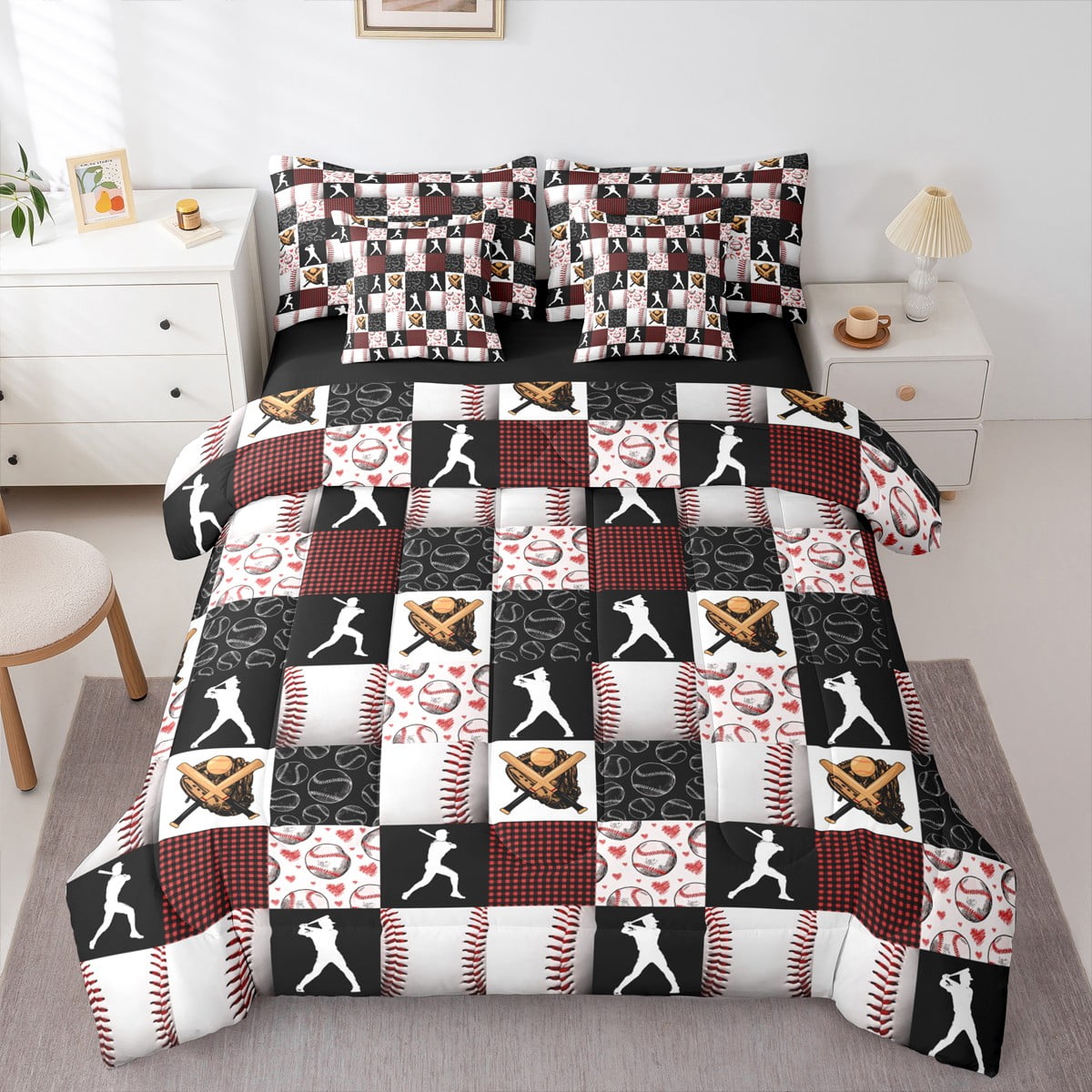 Feelyou Teens Baseball Player Twin Bedding Sets 7-Piece, Square Plaid ...