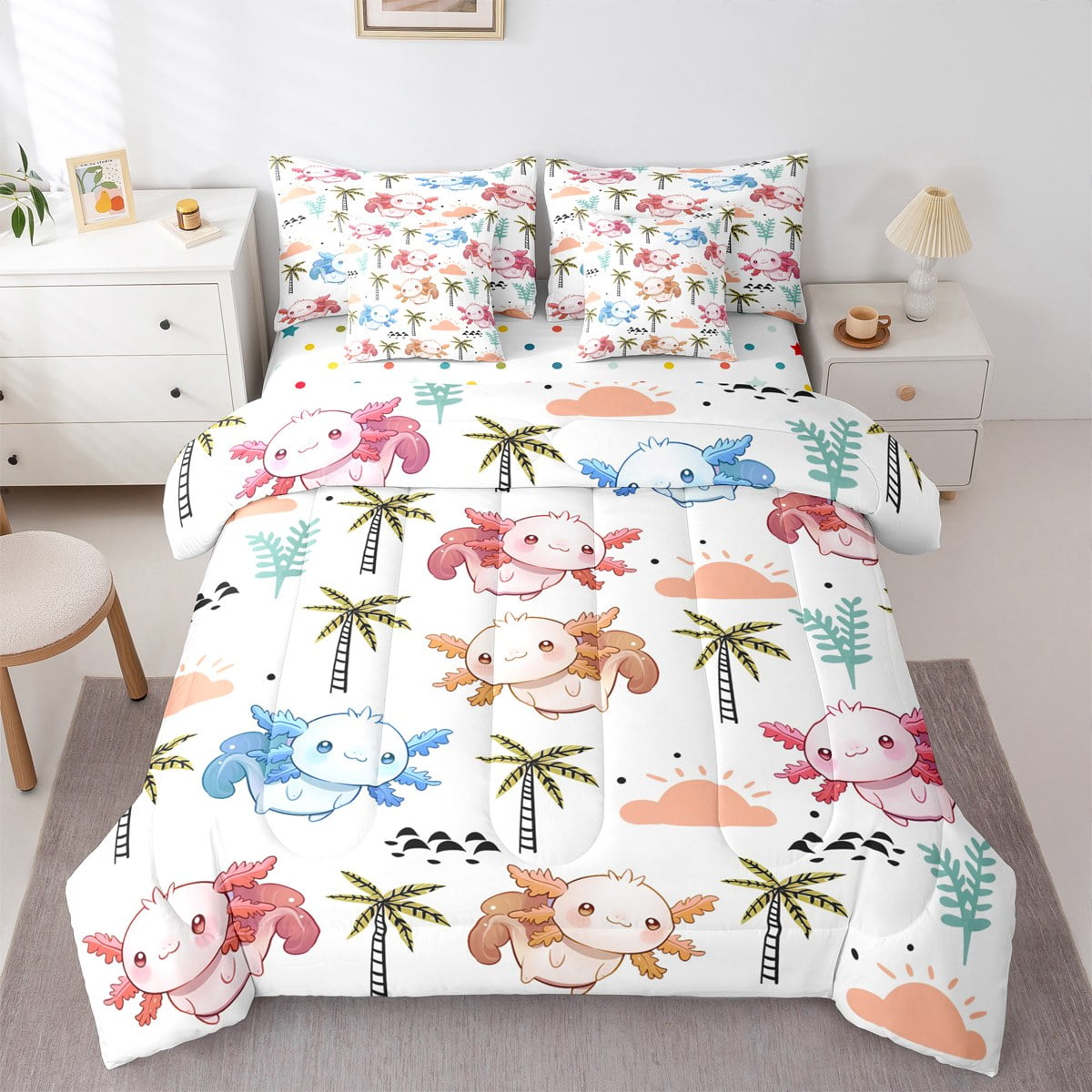 Feelyou Teens Cartoon Axolotl Bedding Comforter Set 7 Pieces, Coconut ...