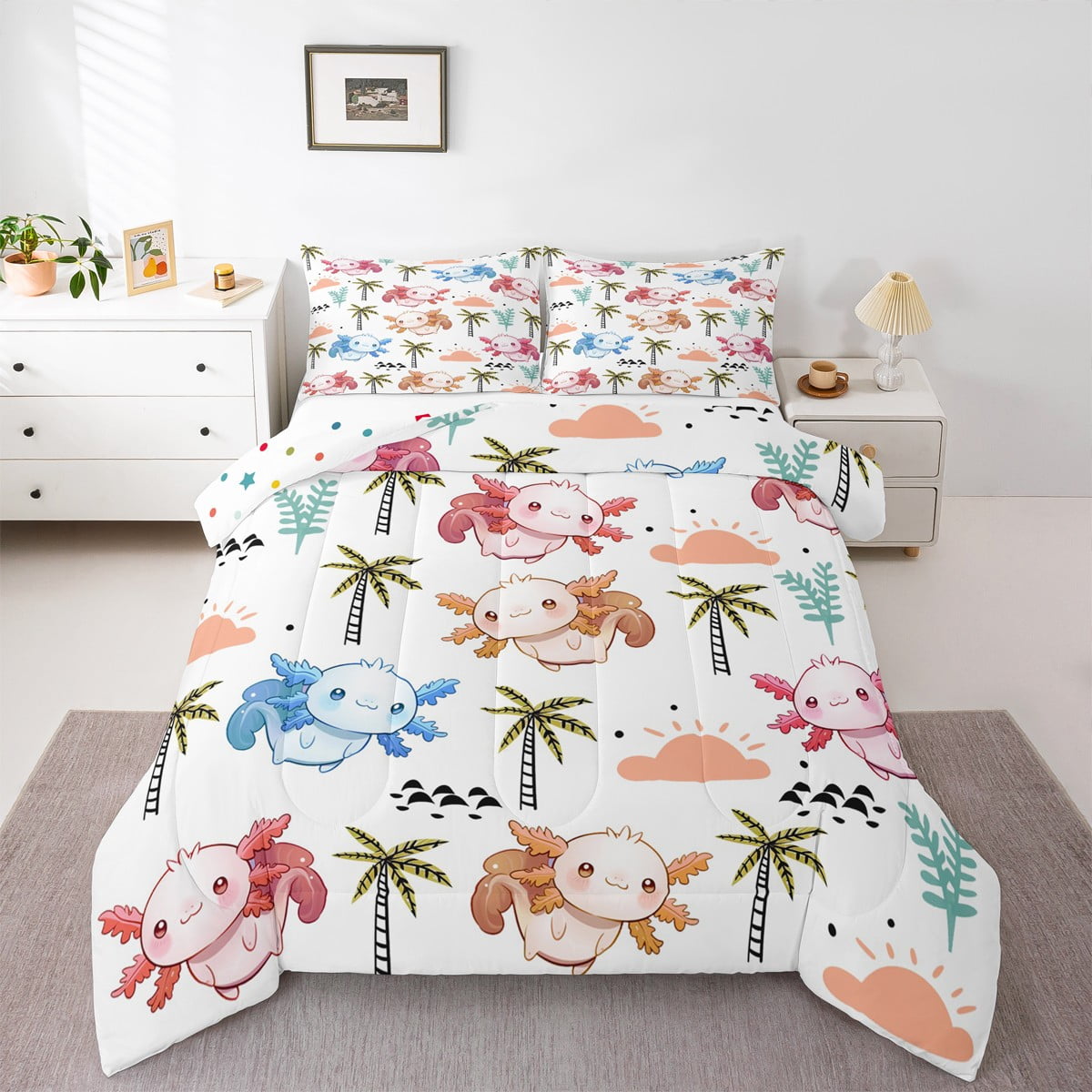 Feelyou Teens Cartoon Axolotl Full Size Comforter Sets, Coconut Palm ...