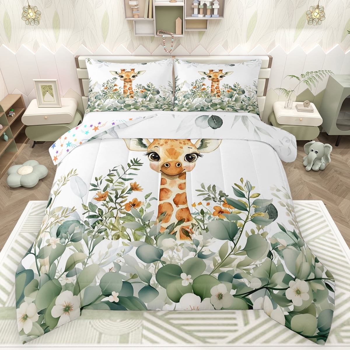 Feelyou Teens Cartoon Giraffe Bedding Comforter Set, Watercolor Leaf ...