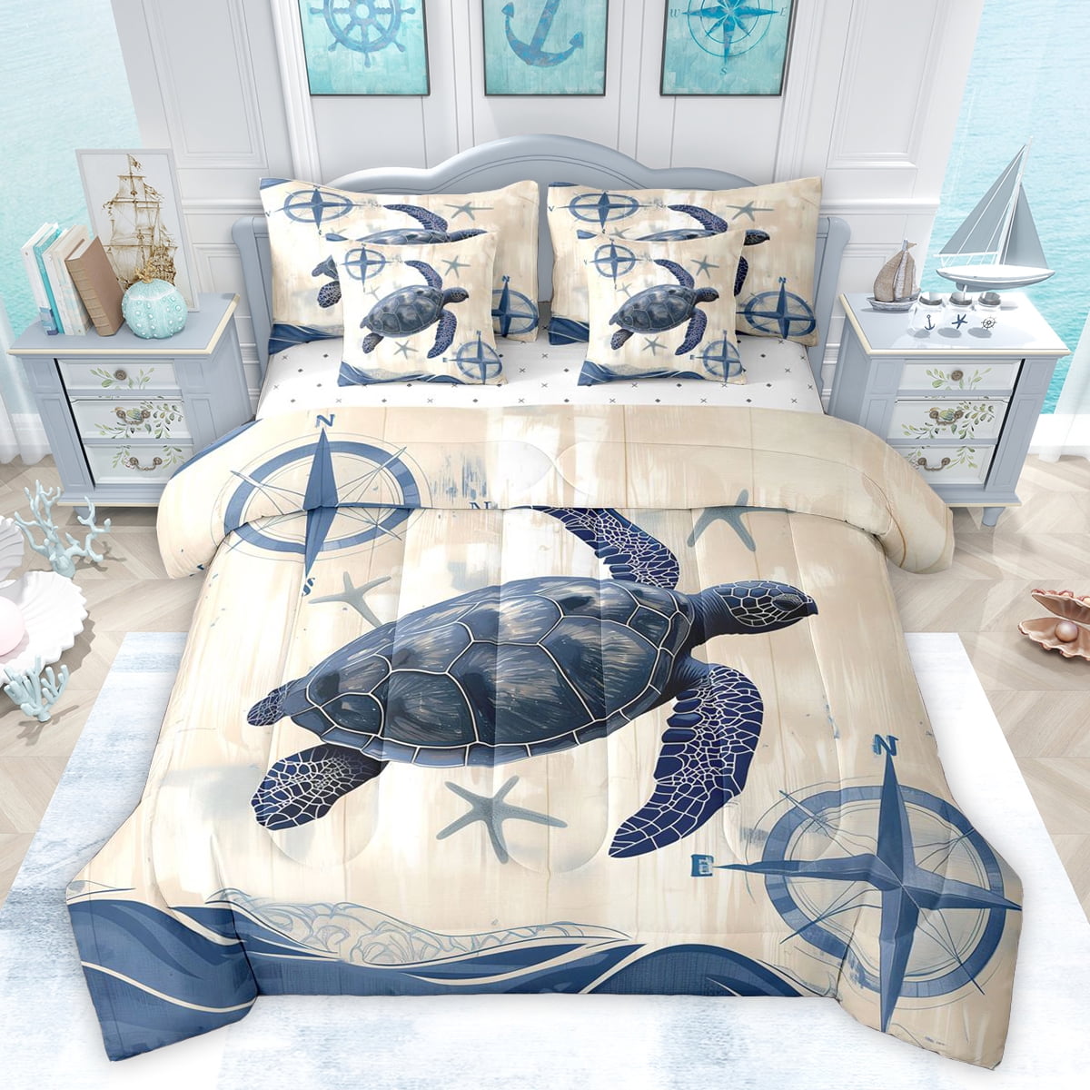 Feelyou Teens Sea Turtle Bedding Comforter Set 7 Pieces, Ocean Nautical ...