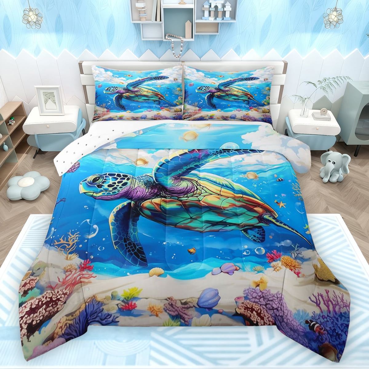 Feelyou Teens Sea Turtle Bedding Comforter Set, Cartoon Ocean Animal ...