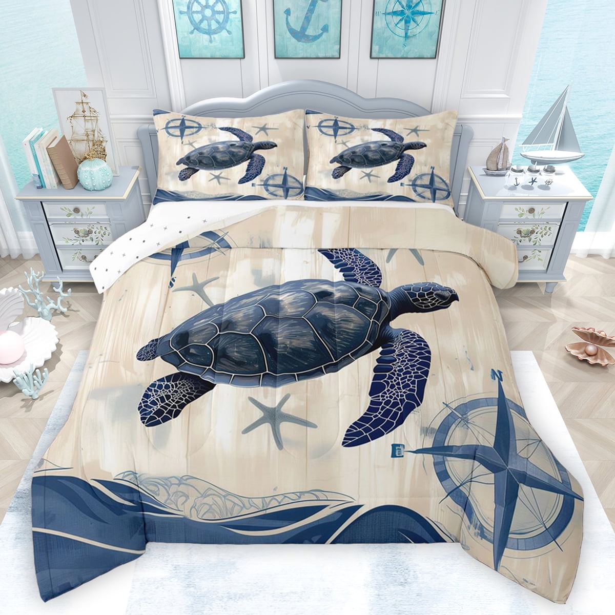 Feelyou Teens Sea Turtle Bedding Comforter Set, Ocean Nautical Compass ...