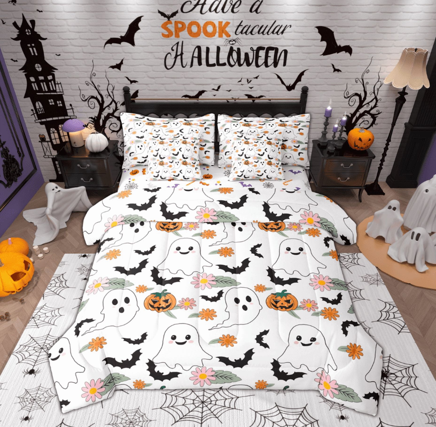 Feelyou Teens White Ghost Bedding Comforter Set 7 Pieces, Cartoon ...