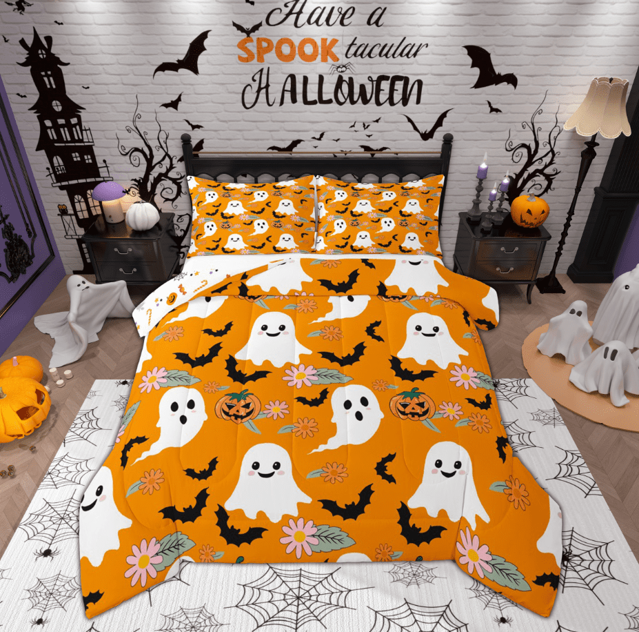 Feelyou Teens White Ghost Bedding Comforter Set, Cartoon Halloween Bat ...