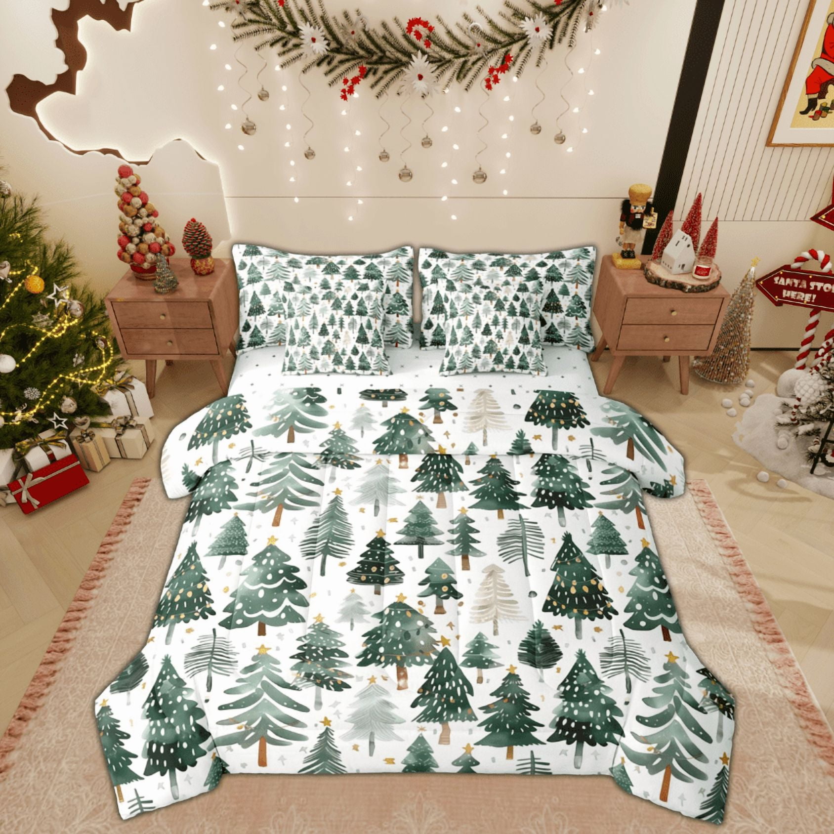 Feelyou Teens Xmas Tree Bedding Comforter Set 7pcs, Gold Stars Print ...
