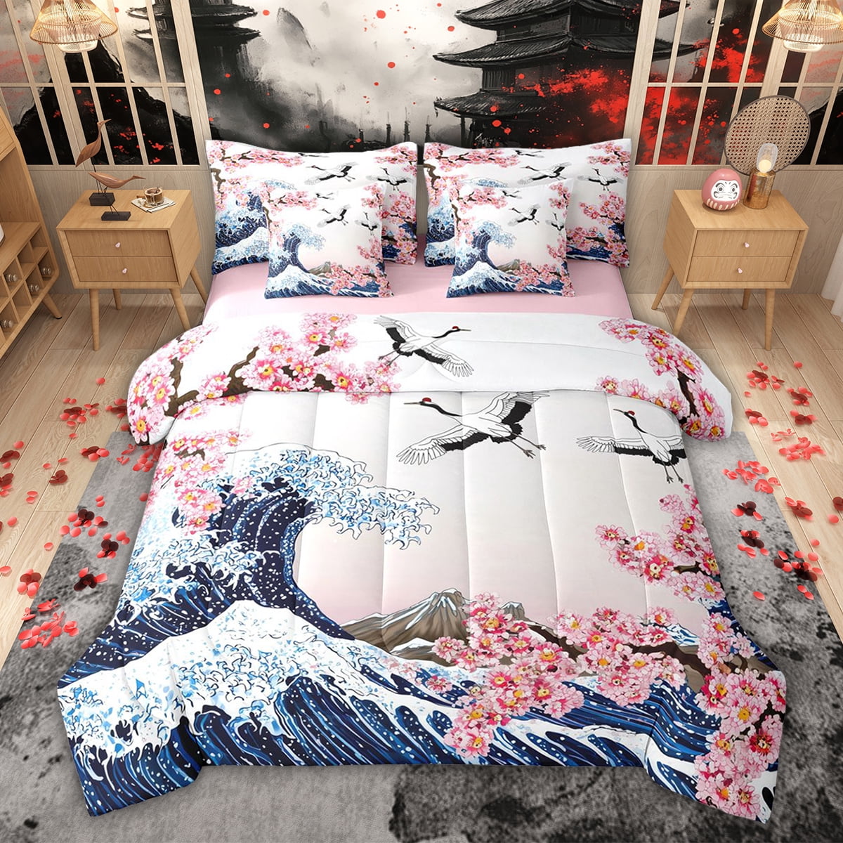 Feelyou Tokyo Ocean Wave Comforter Set 7pcs, Pink Cherry Blossoms Queen ...
