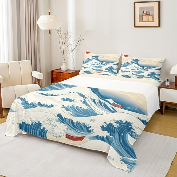 Feelyou Tokyo Ocean Waves Bed Sheets, Cartoon Marine Sun King Sheets ...