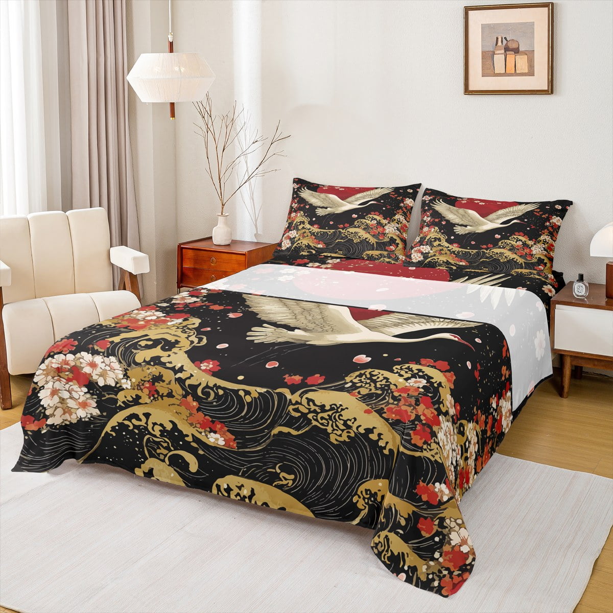 Feelyou Traditional Japanese Full Size Sheets, Chic Crane Cherry ...