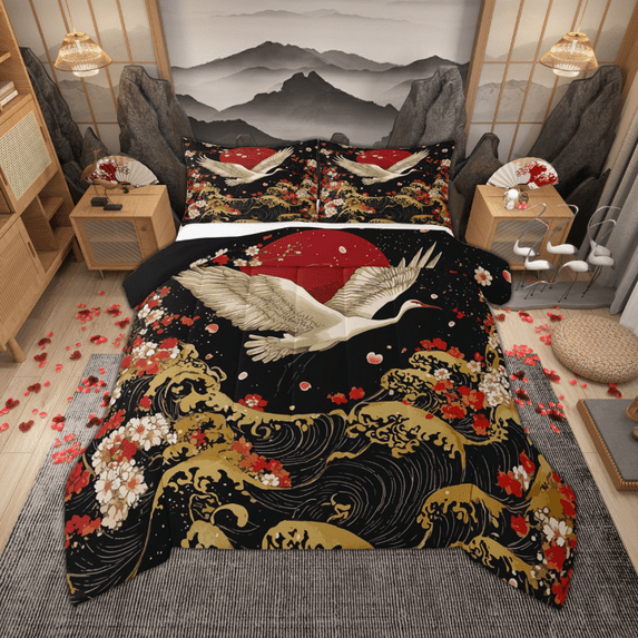 Feelyou Traditional Japanese Queen Comforter Set, Chic Crane Cherry ...