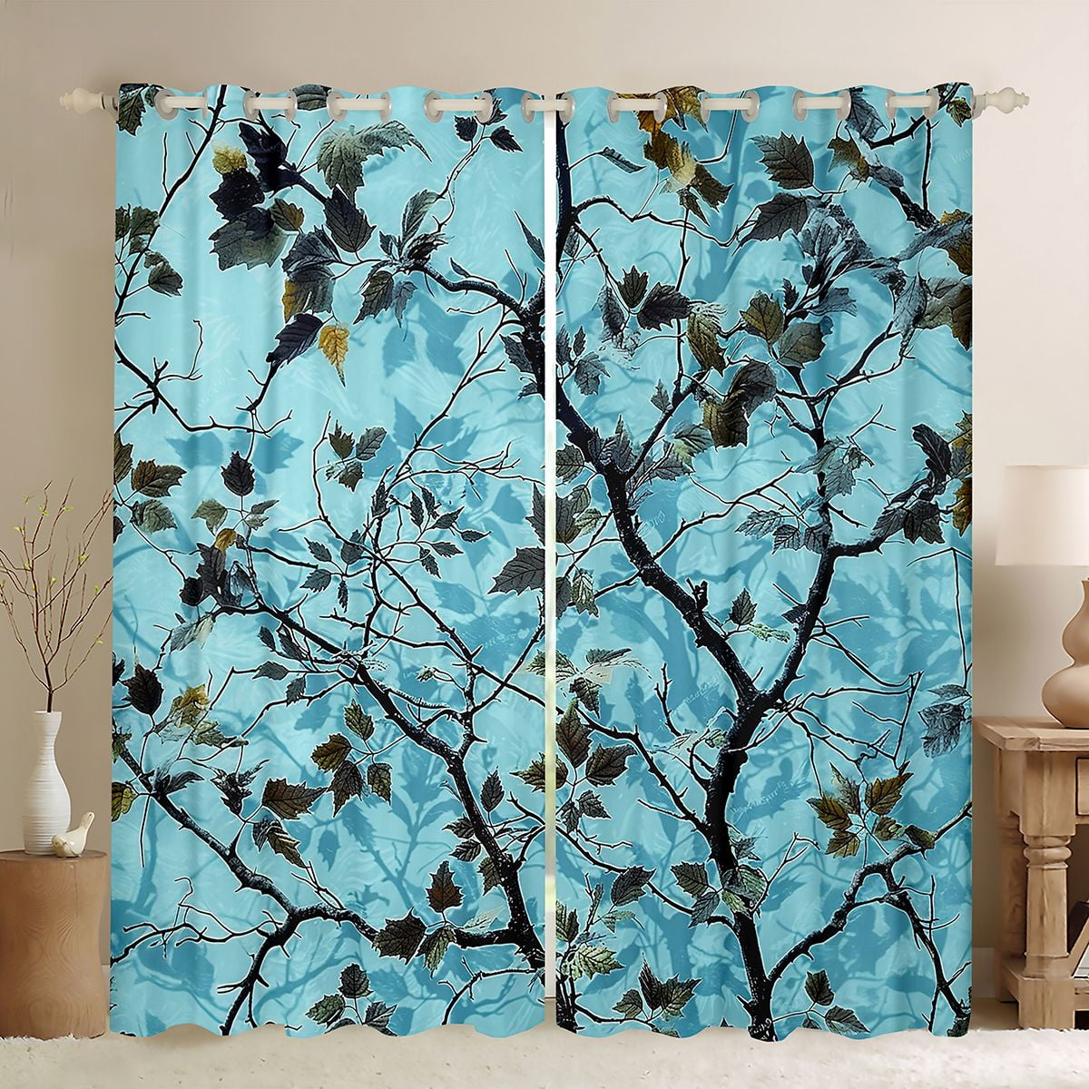 Feelyou Tree Branches Kids Curtains Pack of 2 (42x84 Each), Cyan Plant ...