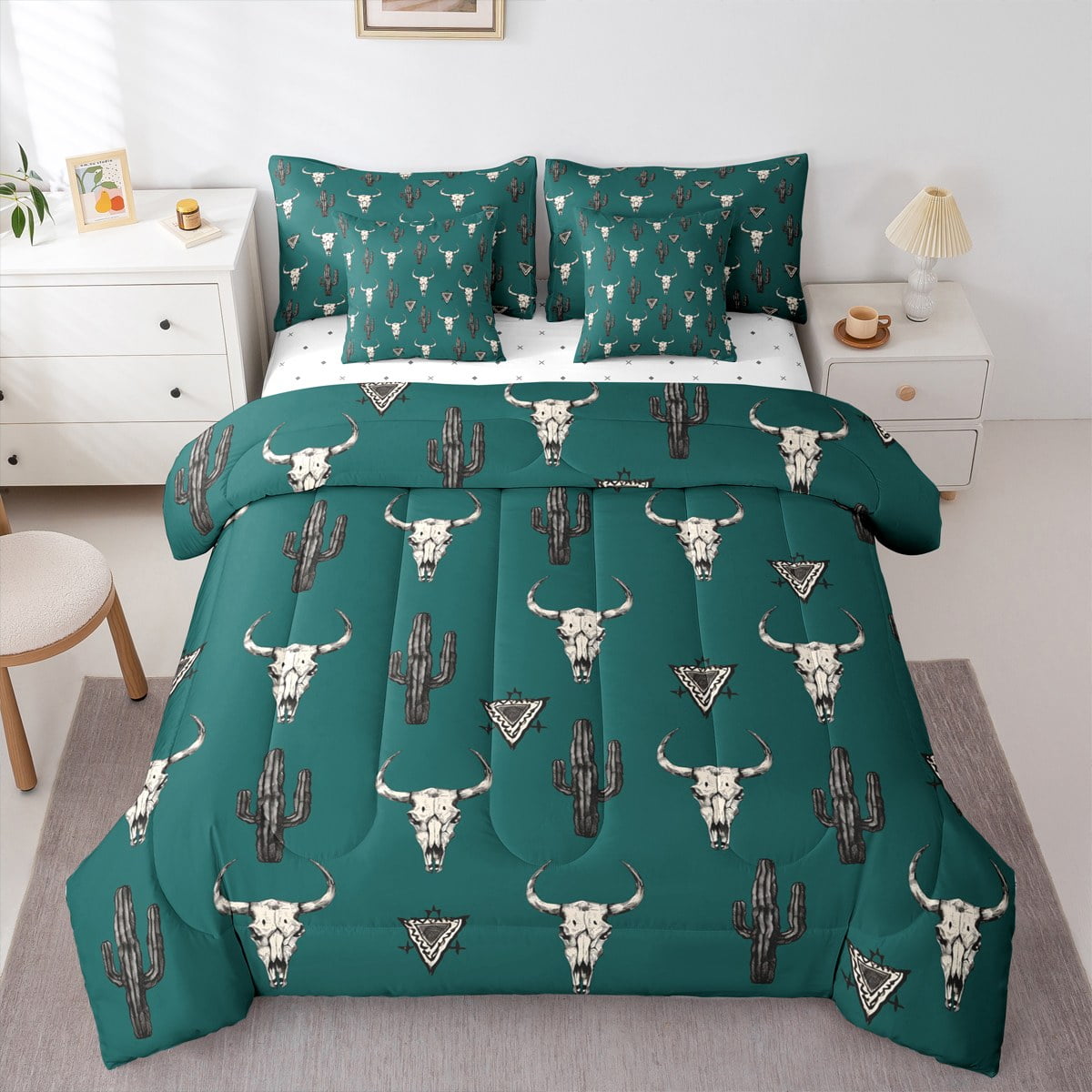 Feelyou Tribal Sheep Skeleton Twin Bedding Sets 7-Piece for Teen, Cactus Plant Botanical Bedding ...