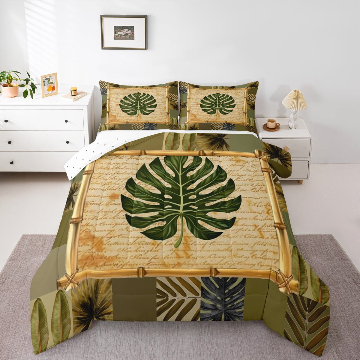 Feelyou Tropic Palm Leaves Queen Comforter Set, Vintage Western Plant ...