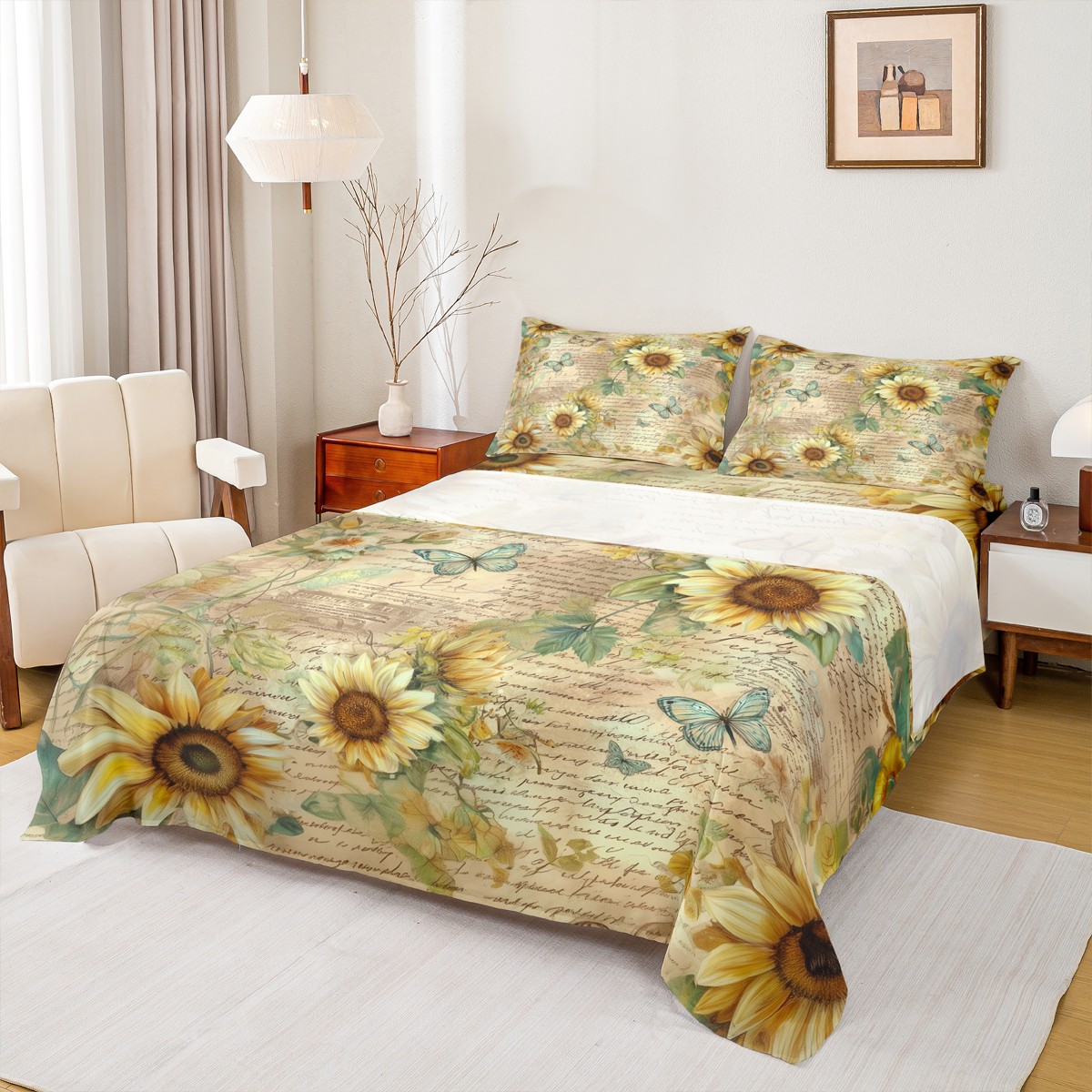 Feelyou Vibrant Gold Sunflower Bed Sheets, Retro Fashion Newspaper King ...