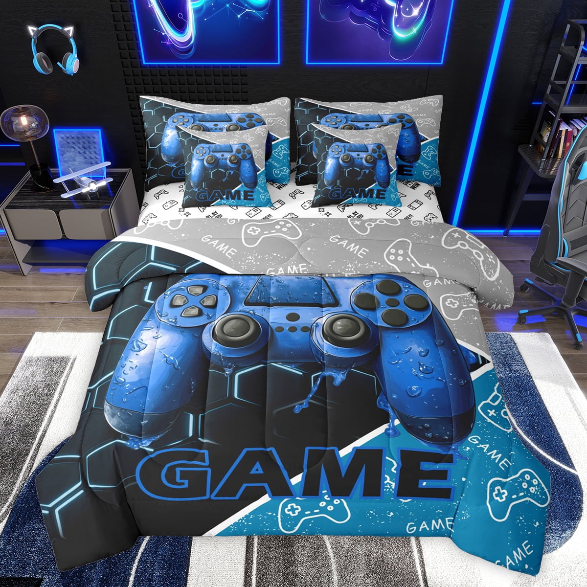 Feelyou Video Gamer Boy Bedding Comforter Set 7pcs, Blue Gamepad Modern ...