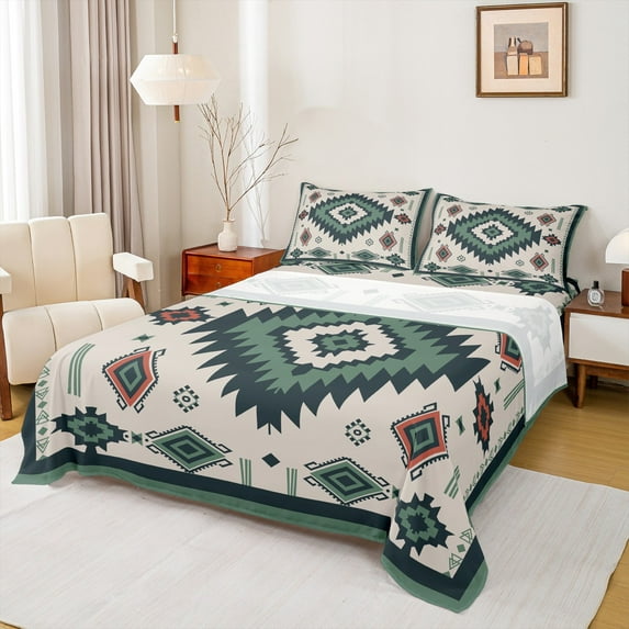 Feelyou Vintage Bohemian Aztec Twin Sheet Sets, Beige Green Tribal ...