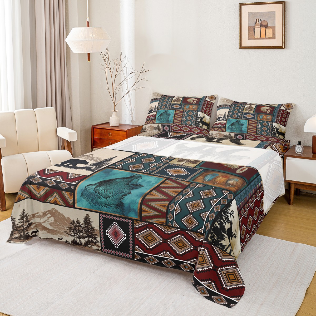 Feelyou Vintage Boho Aztec Bed Sheets for Men, Hippie Rustic Bear King ...