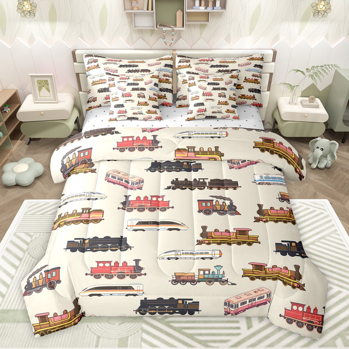 Feelyou Vintage Cartoon Train Twin Bedding Sets 7-Piece, Steam Engine ...