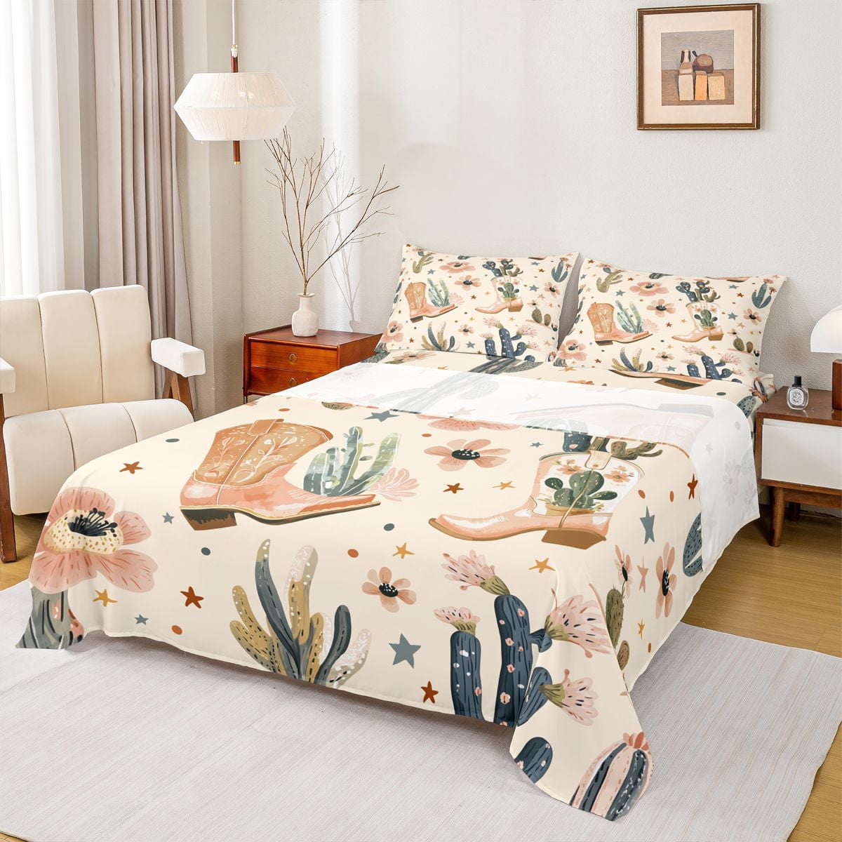Feelyou Vintage Cowgirl Boot Queen Sheet Sets, Cactus Flower Stars Bed ...