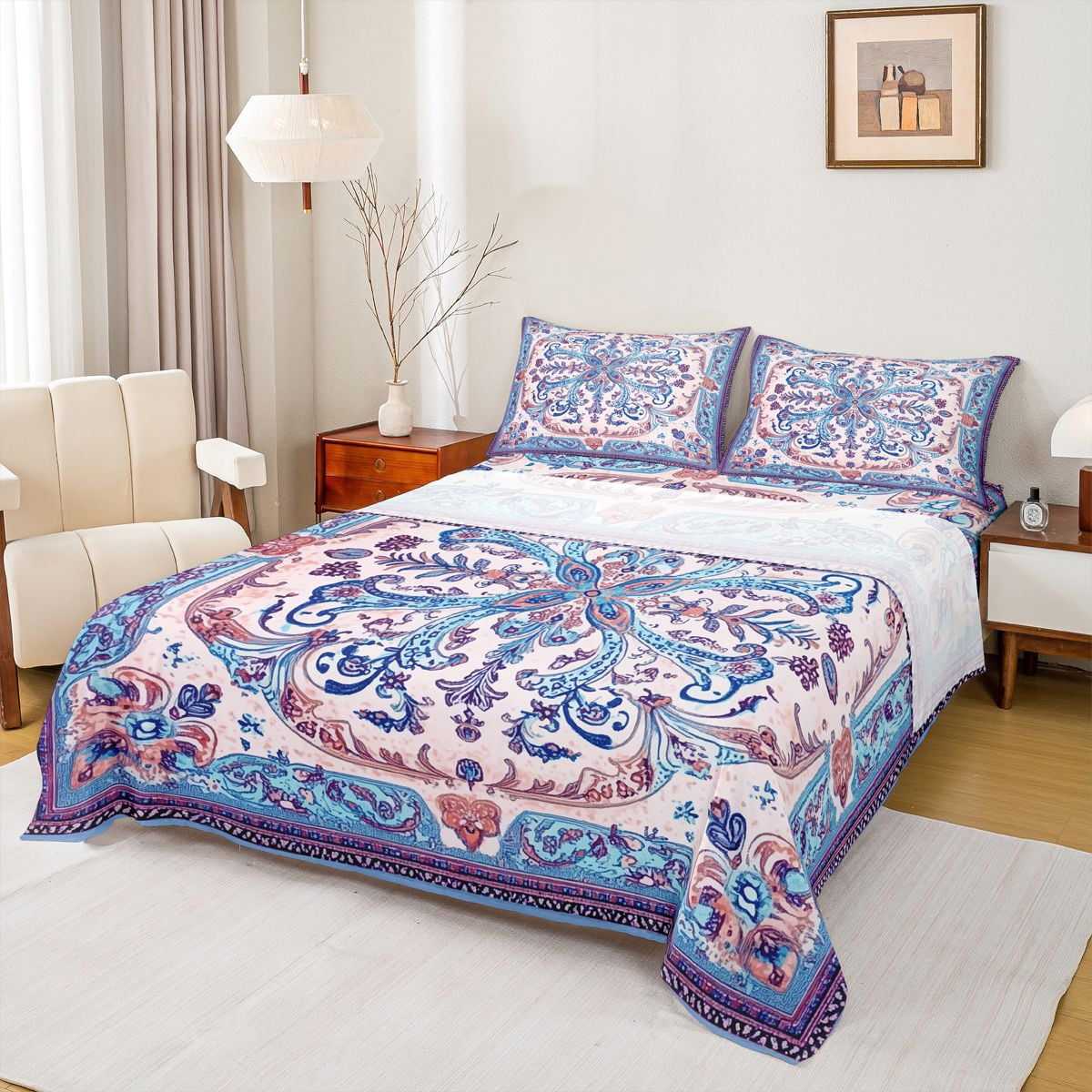 Feelyou Vintage Damask Flower Bed Sheets, Blue Purple Tribal Bohemian ...