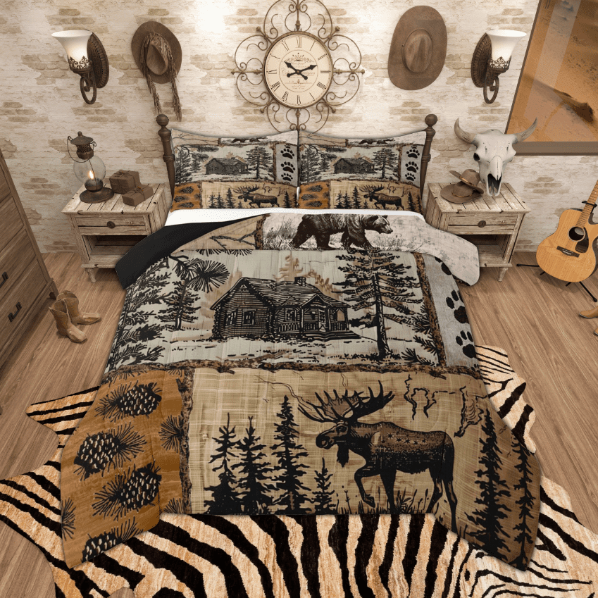 Feelyou Vintage Farmhouse Queen Comforter Set, Reindeer Bear Print ...