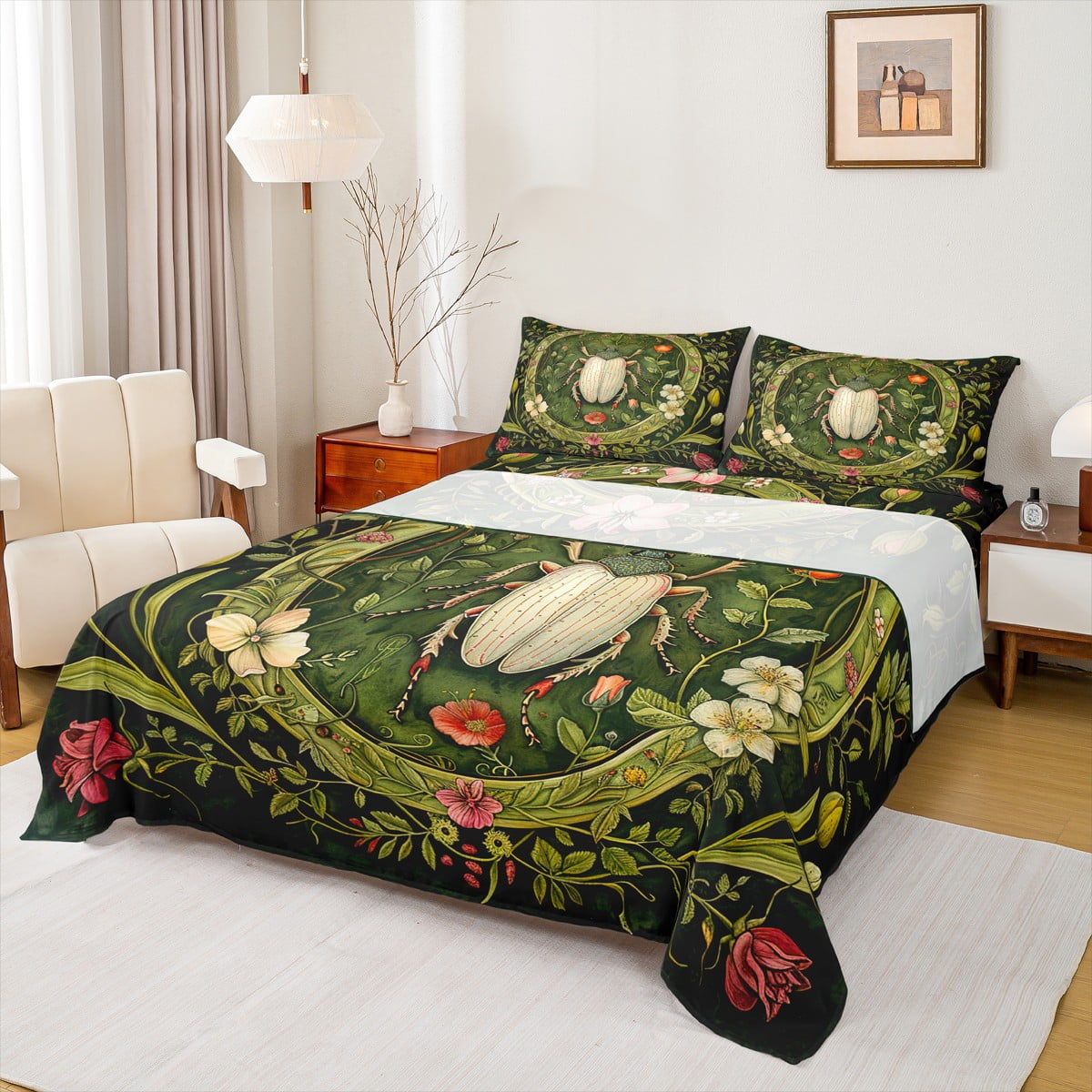 Feelyou Vintage Insect Twin Sheet Sets, Green Botanical Plant Twin Fitted Sheet, White Red ...