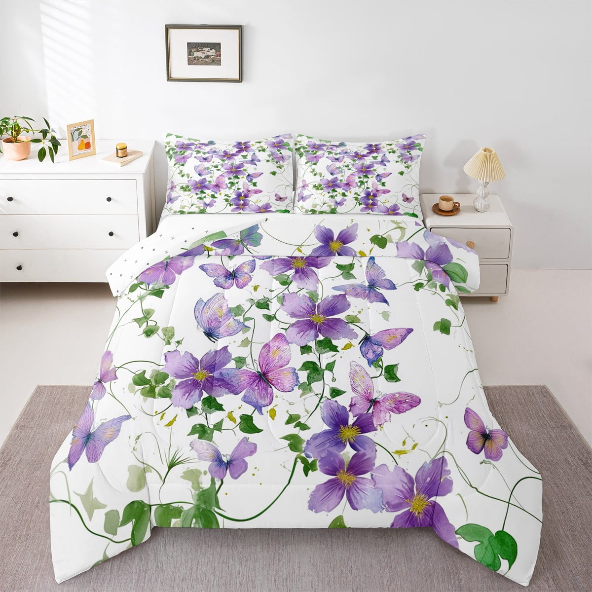 Feelyou Vintage Rustic Flower Full Size Comforter Sets, Purple Romantic ...