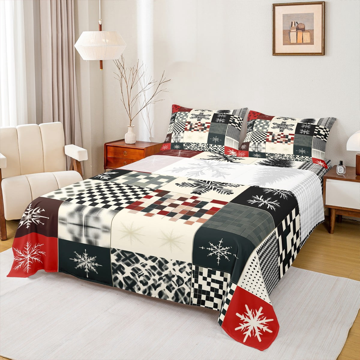 Feelyou Vintage Xmas Plaid Queen Sheet Sets, Winter Snowflake Flat ...