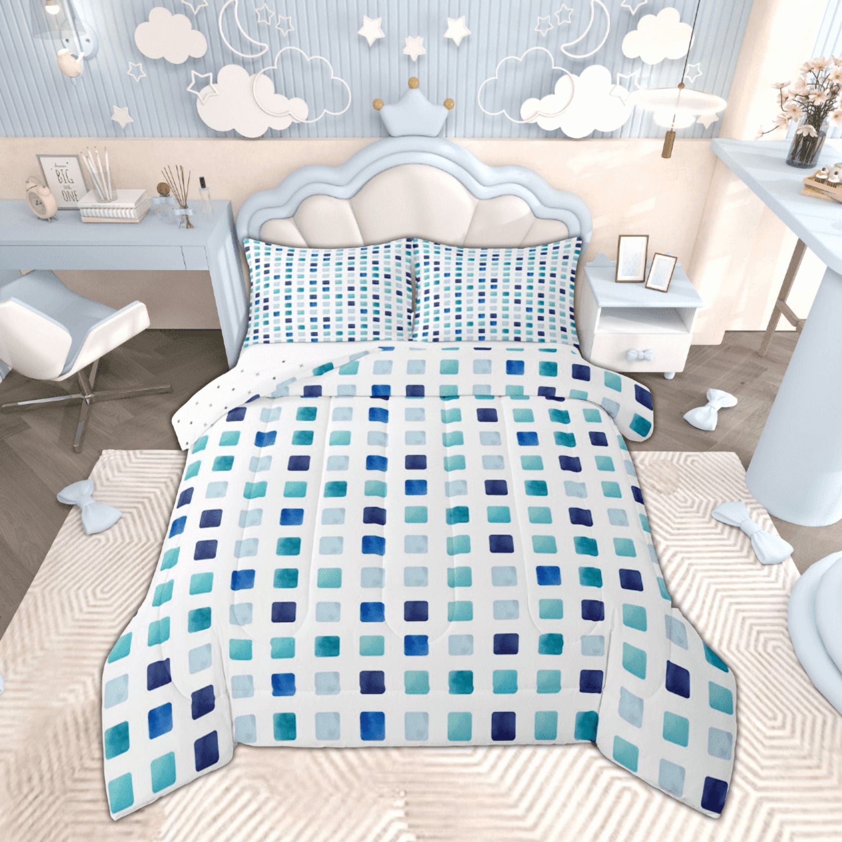 Feelyou Watercolor Checkered Full Size Comforter Sets, Square Geometric ...