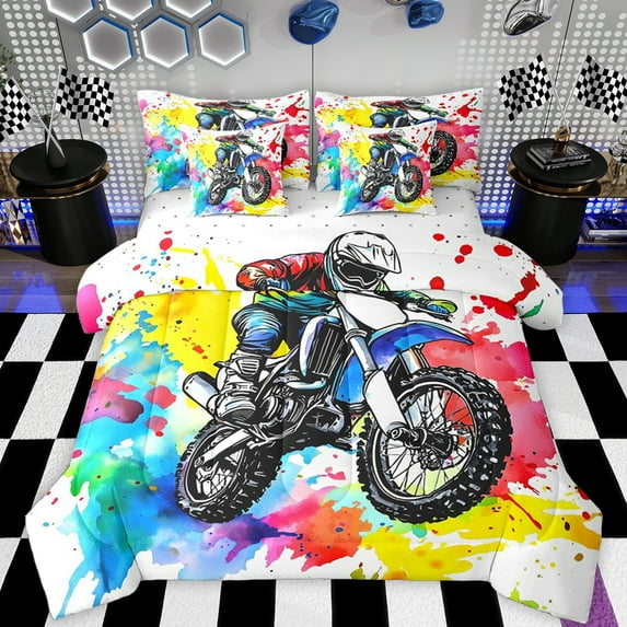 Feelyou Watercolor Dirt Bike Bedding Comforter Set 7pcs for Kids, Modern Motorcycle Player Queen ...