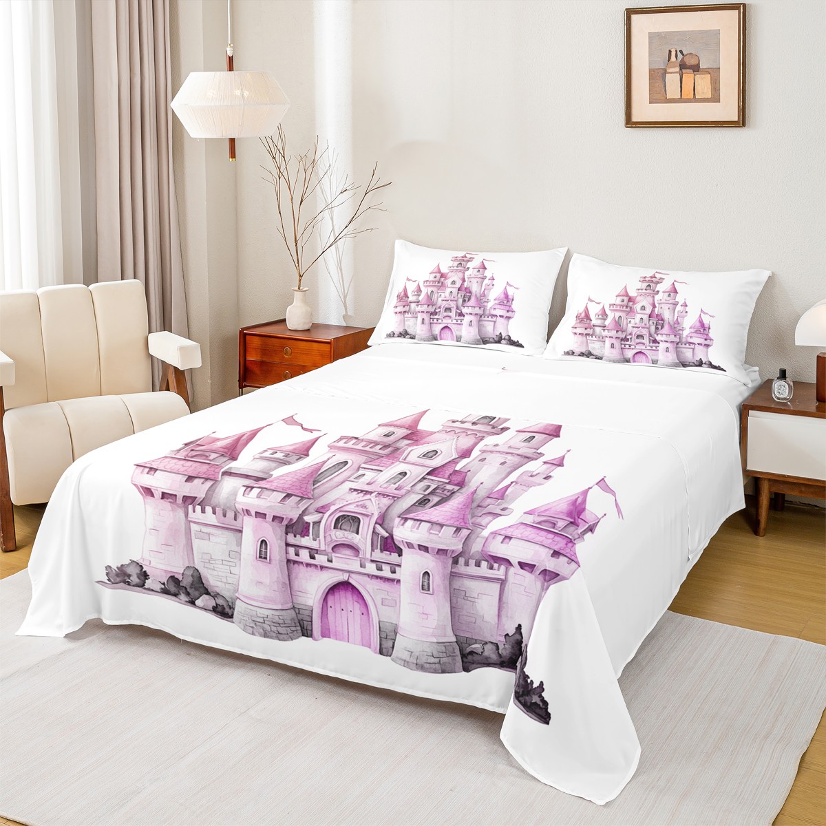 Feelyou Watercolor Pink Castle Twin Sheet Sets for Kids Girls, Cute ...