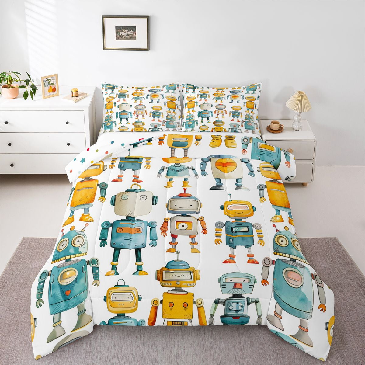 Feelyou Watercolor Robot Teens Full Size Comforter Sets, Cartoon ...