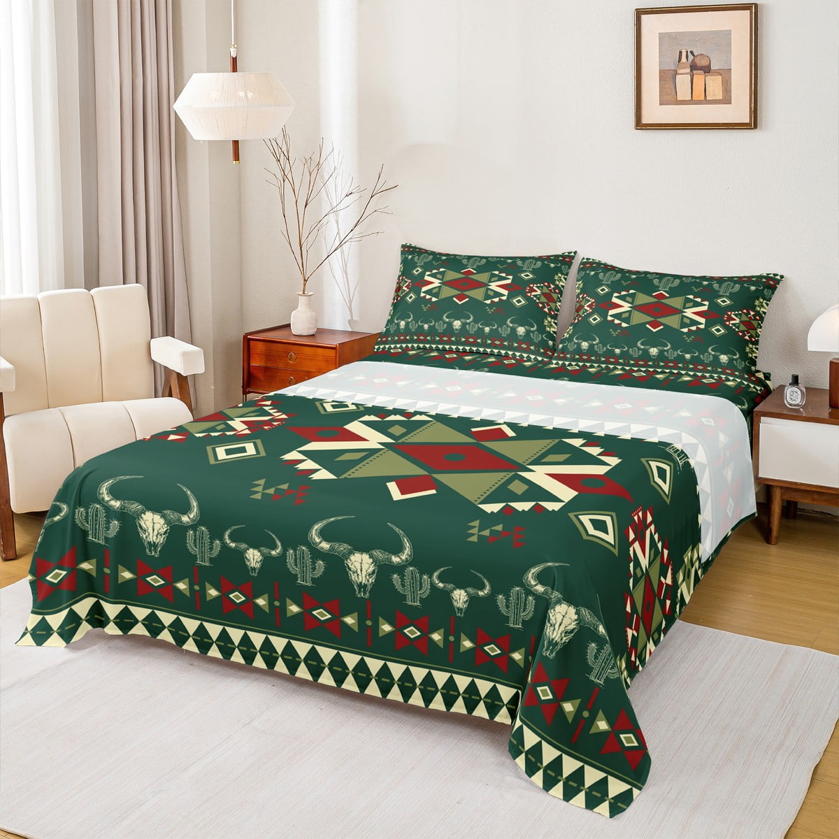 Feelyou Western Bohemian Aztec Full Size Sheets, Green Vintage Square ...