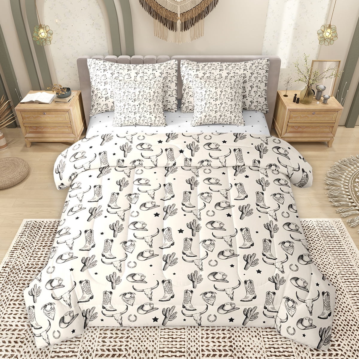 Feelyou Western Cowgirl Boot Comforter Set 7pcs, Boho Sheep Skull Queen ...