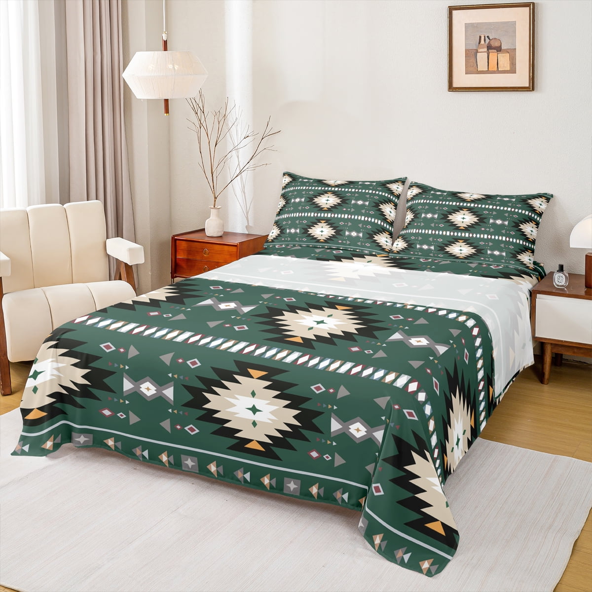Feelyou Western Mandala Aztec Twin Sheet Sets, Green Tribal Square Twin ...