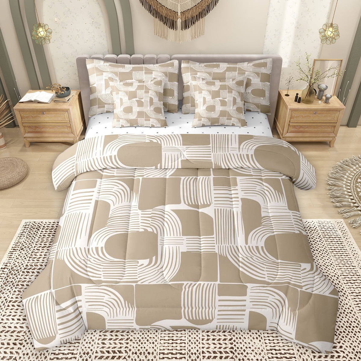 Feelyou Wheat Stripe Abstract Bedding Comforter Set 7pcs, Modern ...