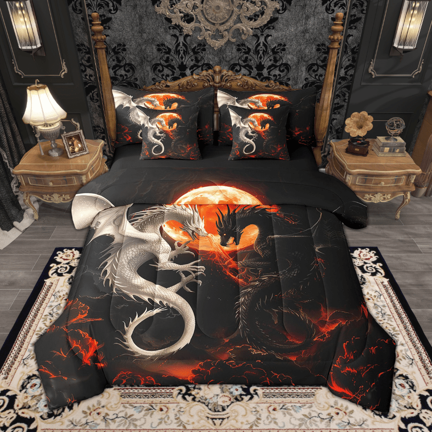 Feelyou White Black Dragon Bedding Comforter Set 7 Pieces, Orange Moon ...