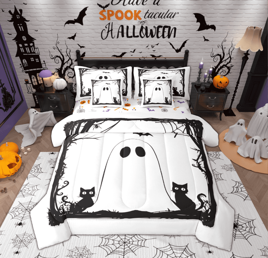 Feelyou White Ghost Print Bedding Comforter Set 7-Piece for Teen, Black ...