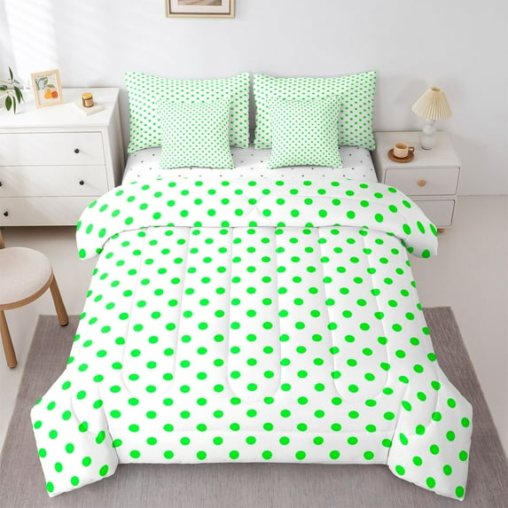 Feelyou White Green Abstract Comforter Set 7pcs, Simple Polkadot Queen ...