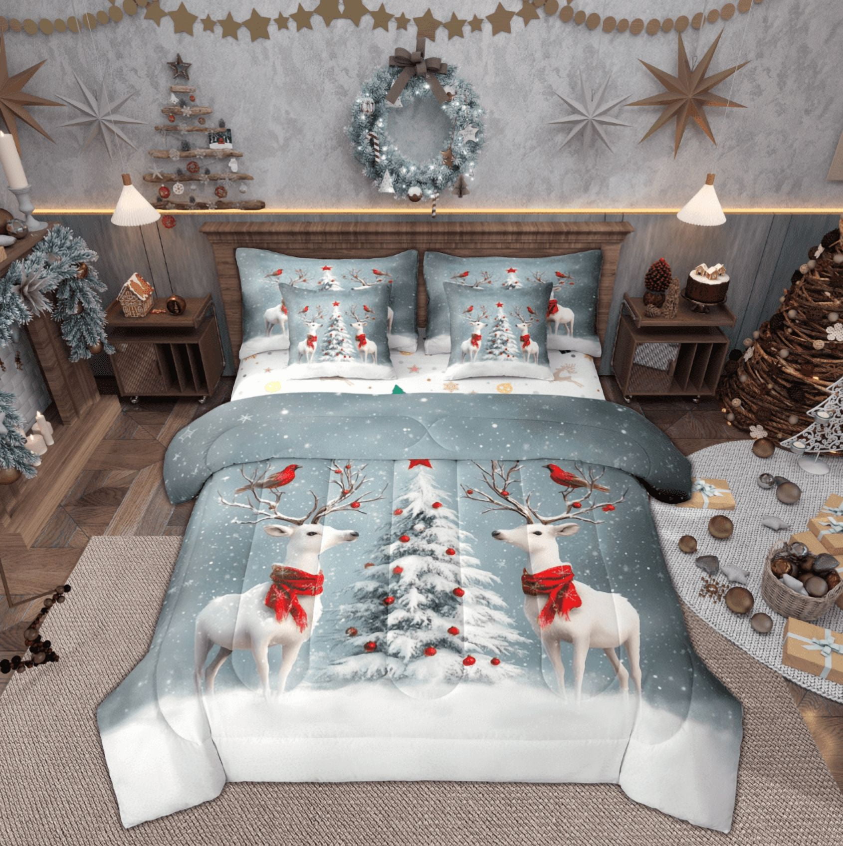 Feelyou White Xmas Reindeer Bedding Comforter Set 7pcs, Red Dots Tree ...