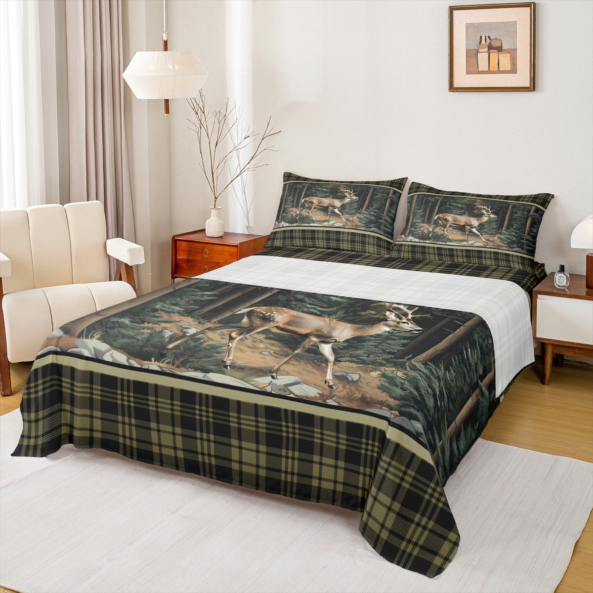 Feelyou Wildlife Deer Moose Men Queen Sheet Sets, Vintage Green Buffalo ...