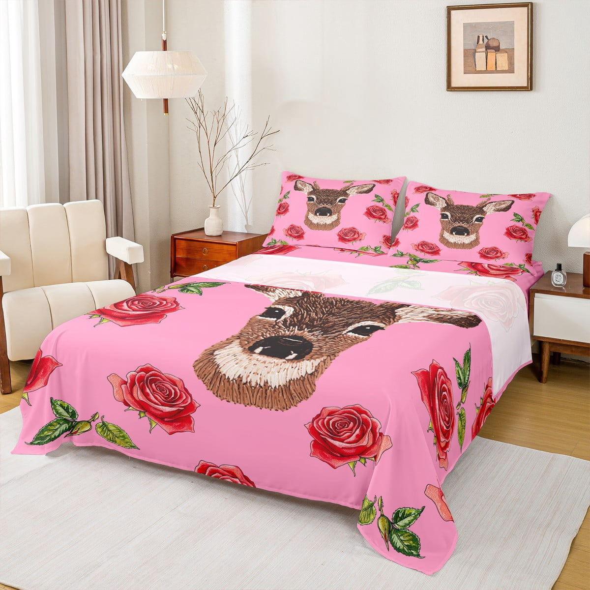 Feelyou Wildlife Deer Moose Queen Sheet Sets for Kids, Rose Flower ...