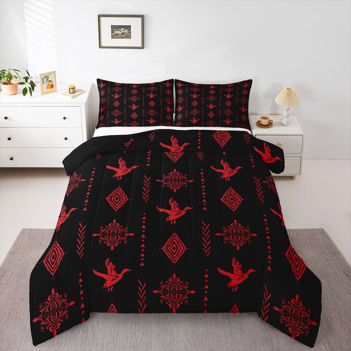 Feelyou Wildlife Duck Teen Queen Comforter Set, Black Red Damask Aztec ...